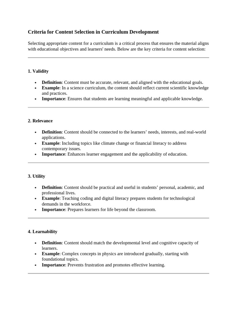 Criteria for Content Selection in Curriculum Development | PDF ...