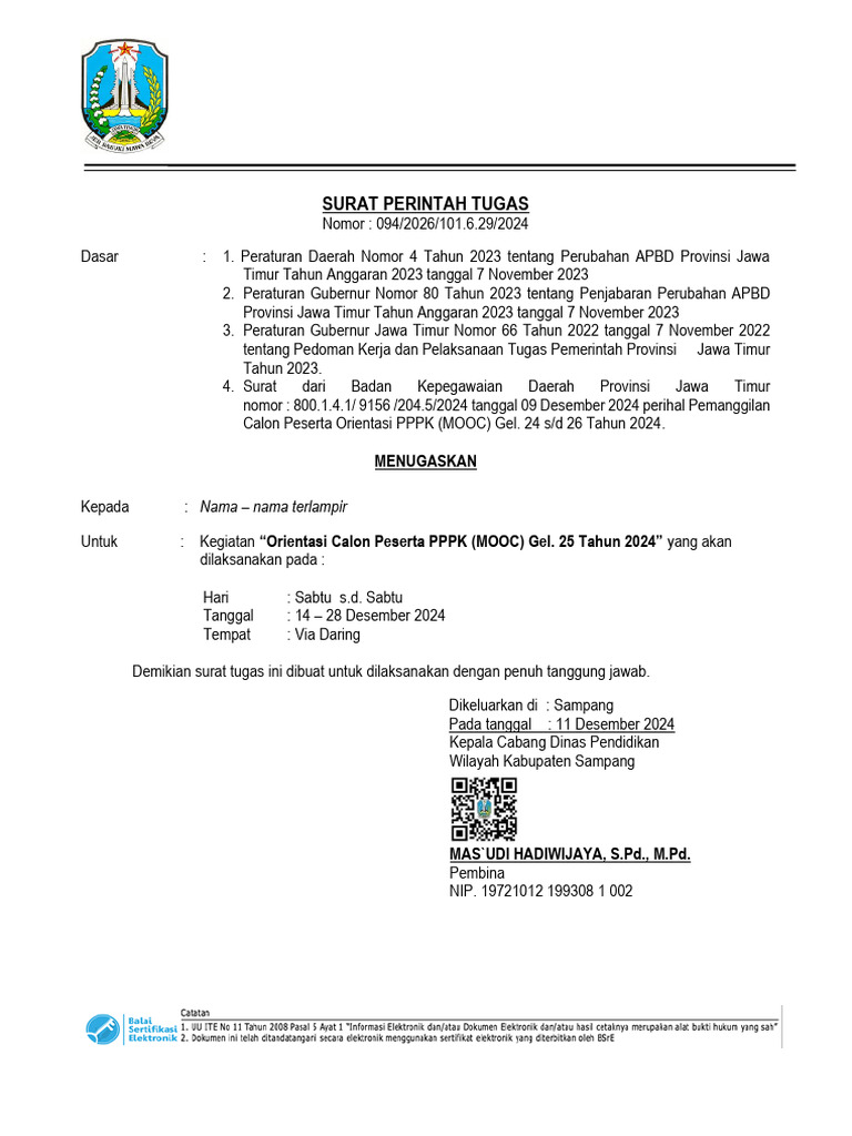 SPT MOOC Pemanggilan Dan Pembekalan PPPK Formasi 2023 Th. 2024 - Sign | PDF
