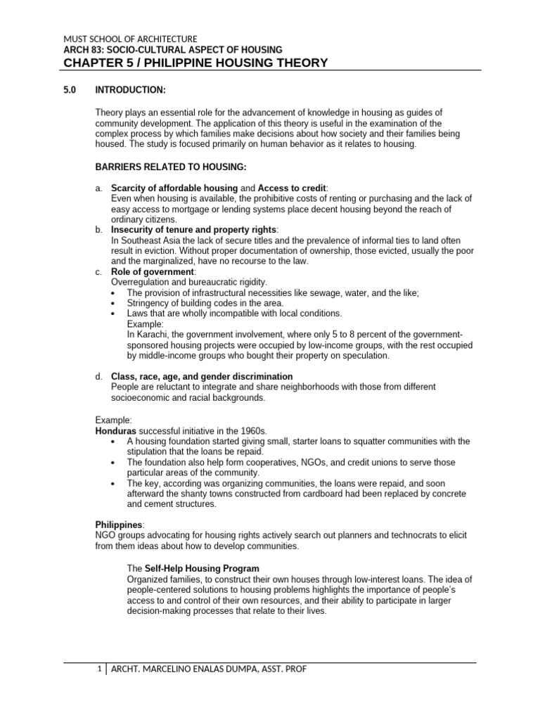 Philippine Housing Theory Overview | PDF | Homelessness | Slum