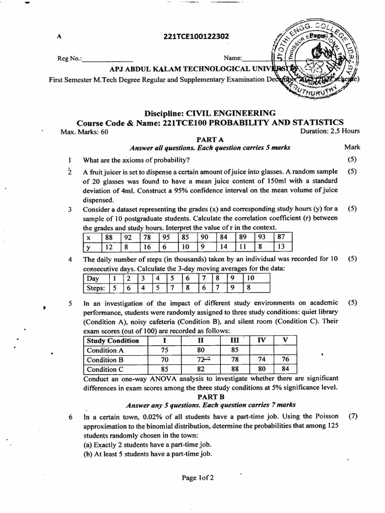 Mtech 1 Sem Ce Probability and Statistics 221tce100 Dec 2023 | PDF | Statistical Significance ...