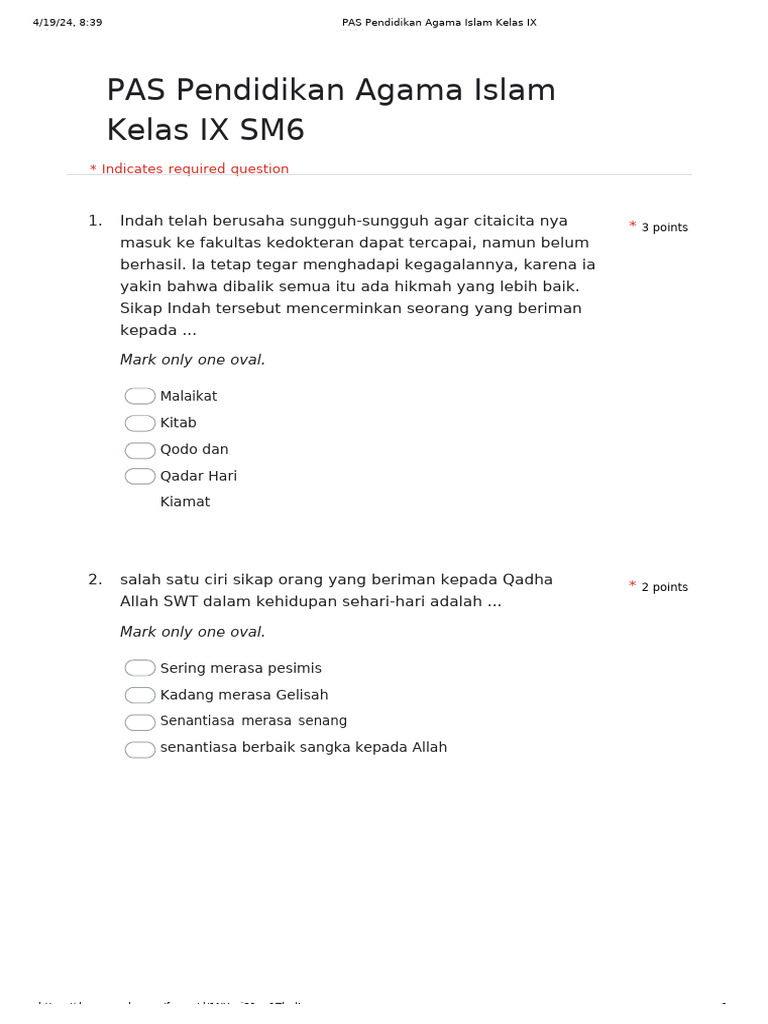 Pendidikan Agama Islam Kelas IX SM6 - Google Forms | PDF