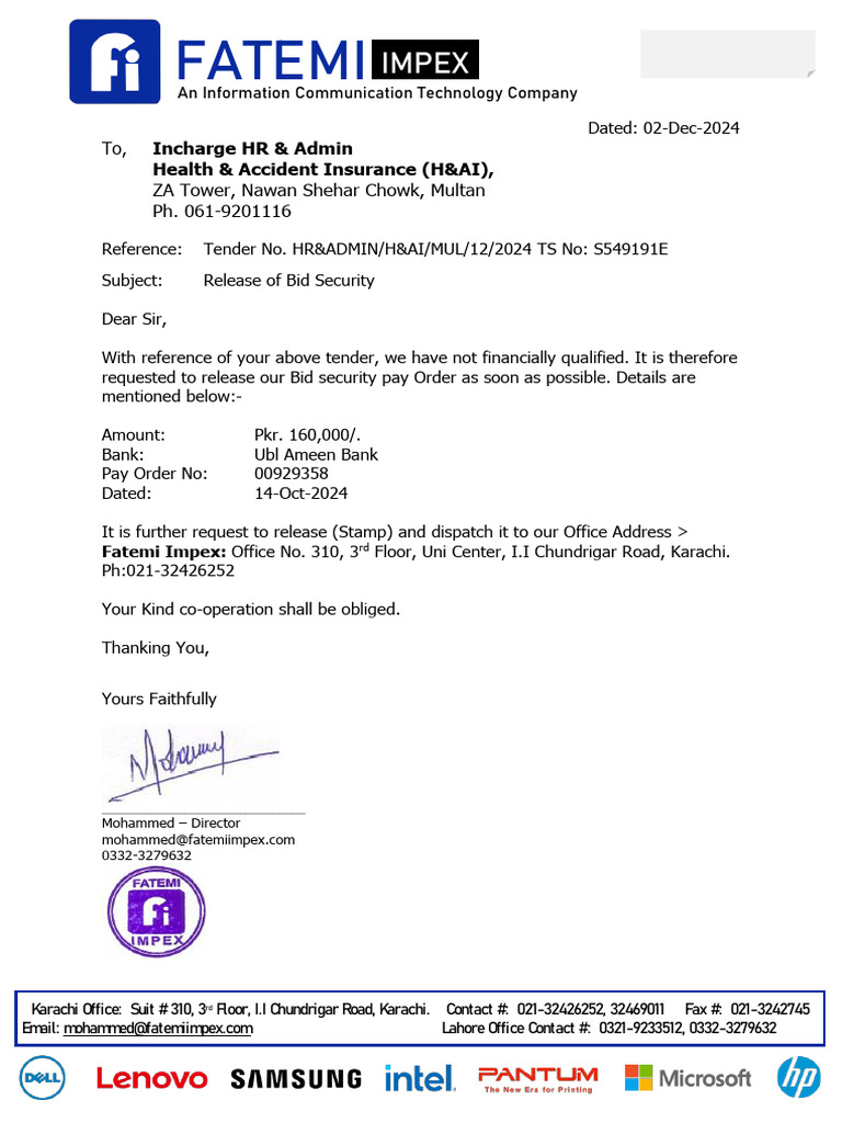 Bid Security Release Letter 02-Dec-2024 | PDF