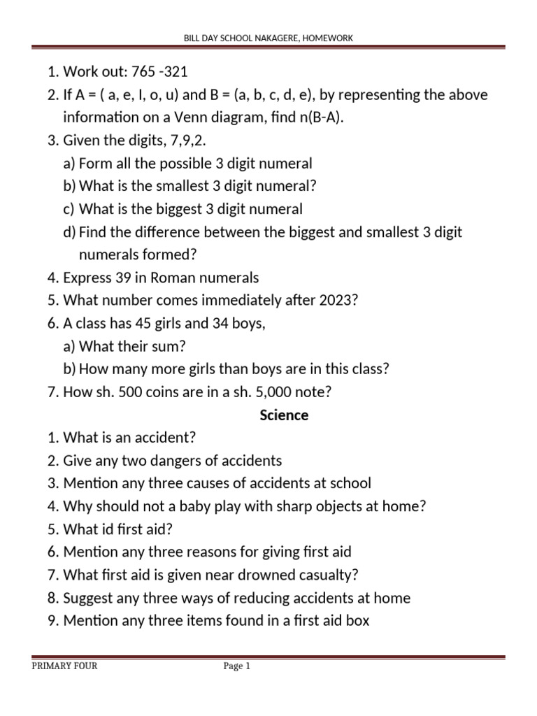 Bill Day School Homework for Primary Four | PDF