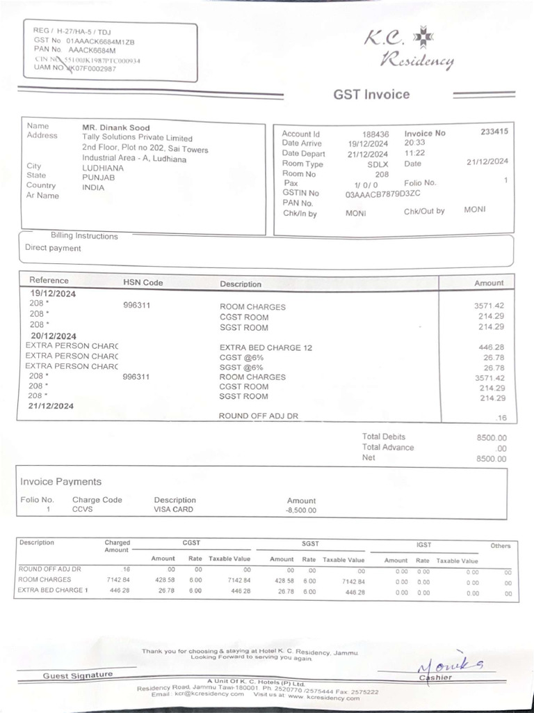 Hotel Bill Jammu | PDF