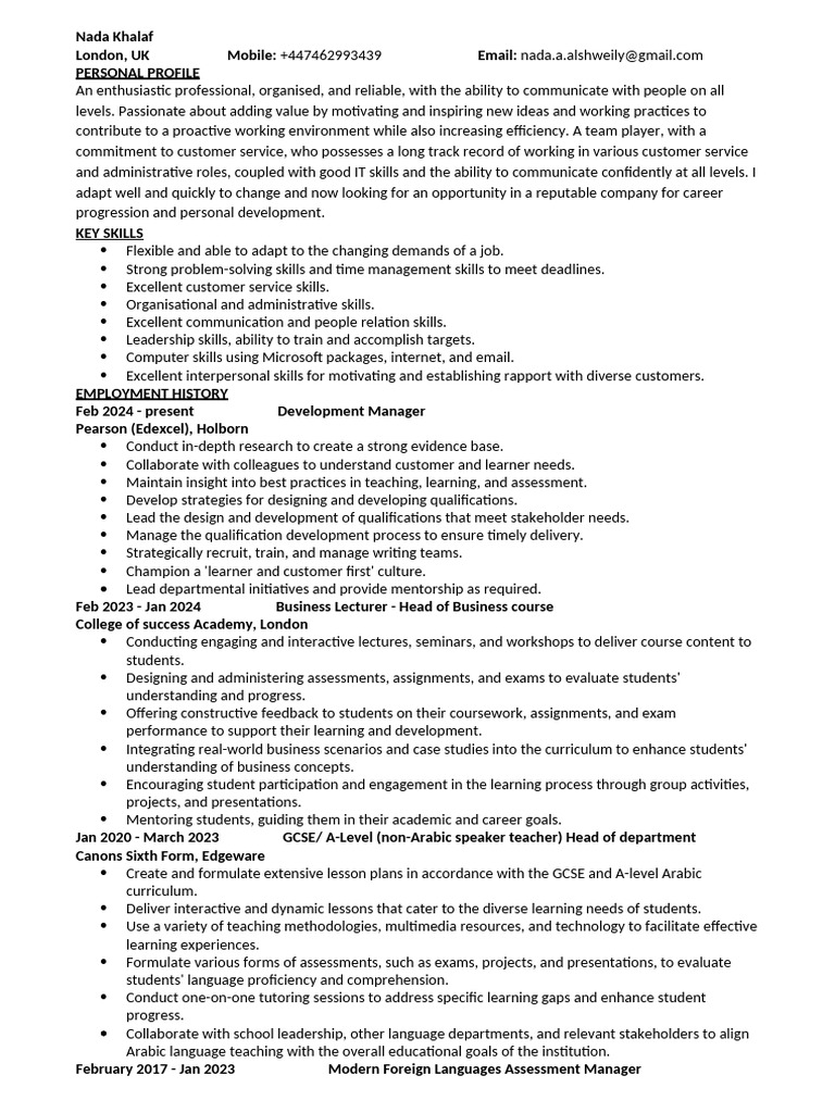 Nada Khalaf: Professional Profile Summary | PDF | Curriculum ...
