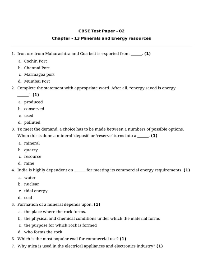 CBSE Test Paper: Minerals & Energy Resources | PDF | Coal | Energy ...