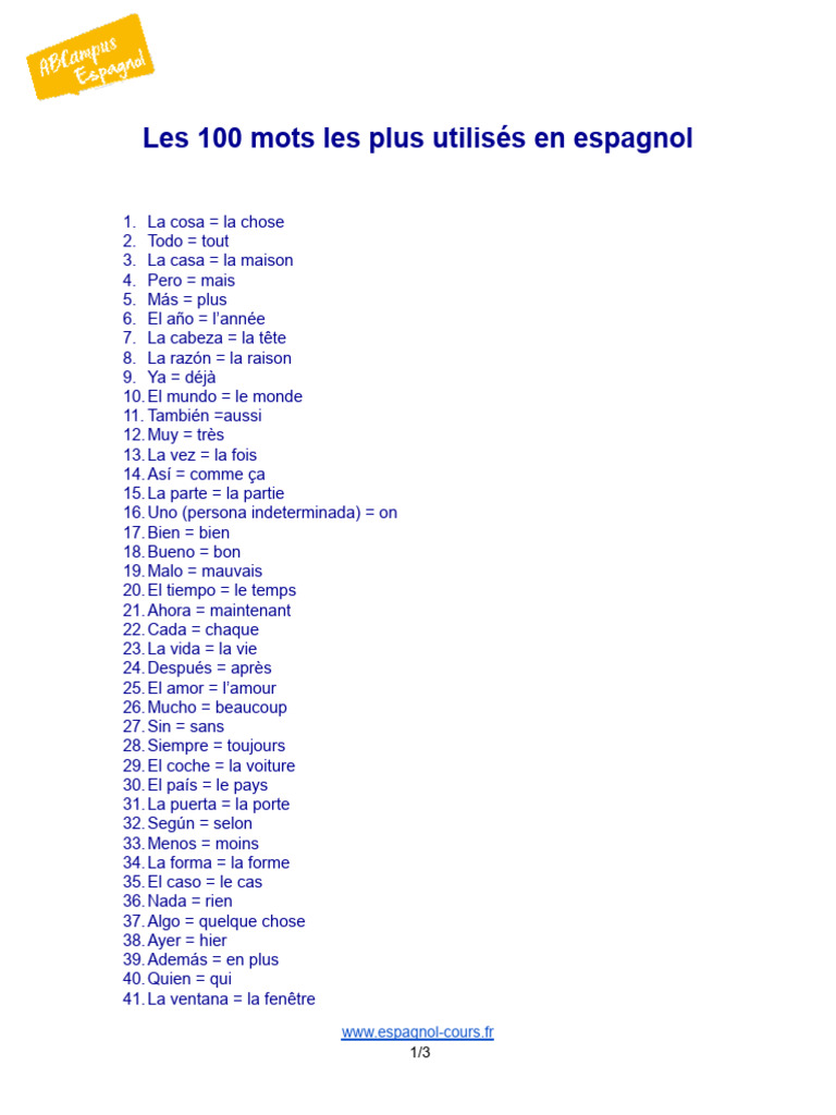 100 mots courants en espagnol | PDF