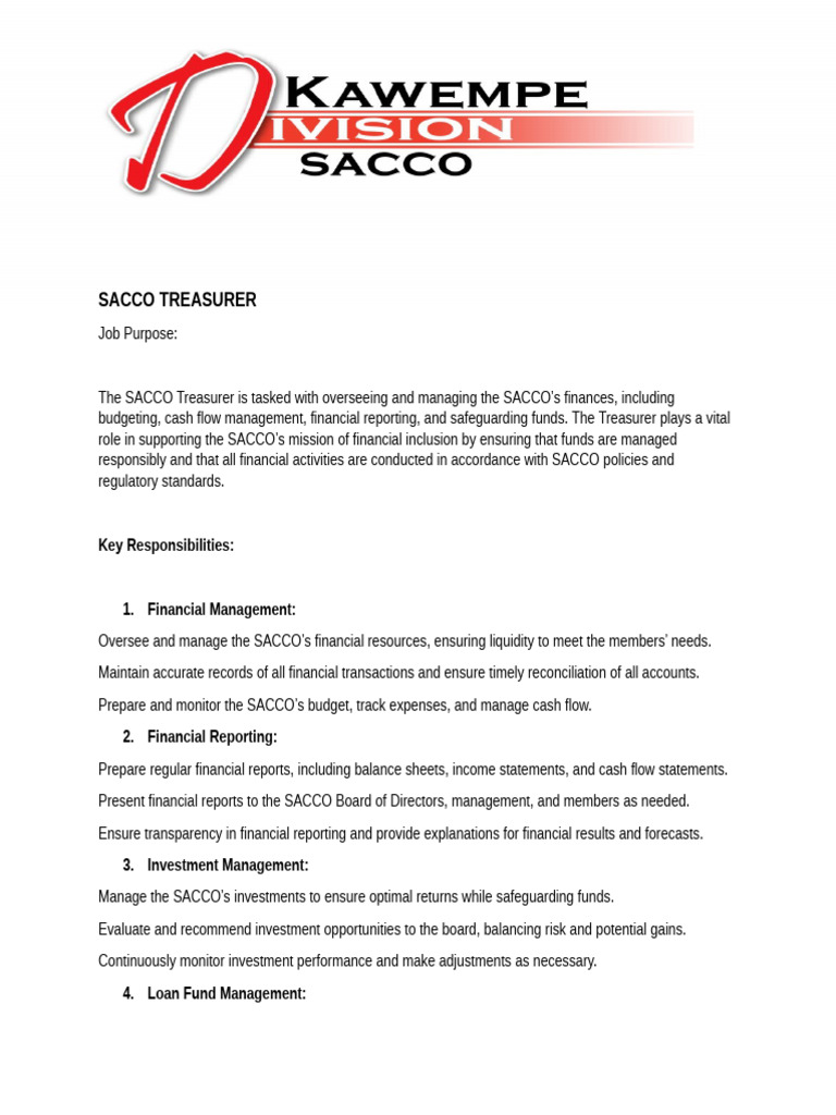 SACCO Treasurer Roles and Responsibilities | PDF | Financial Statement ...