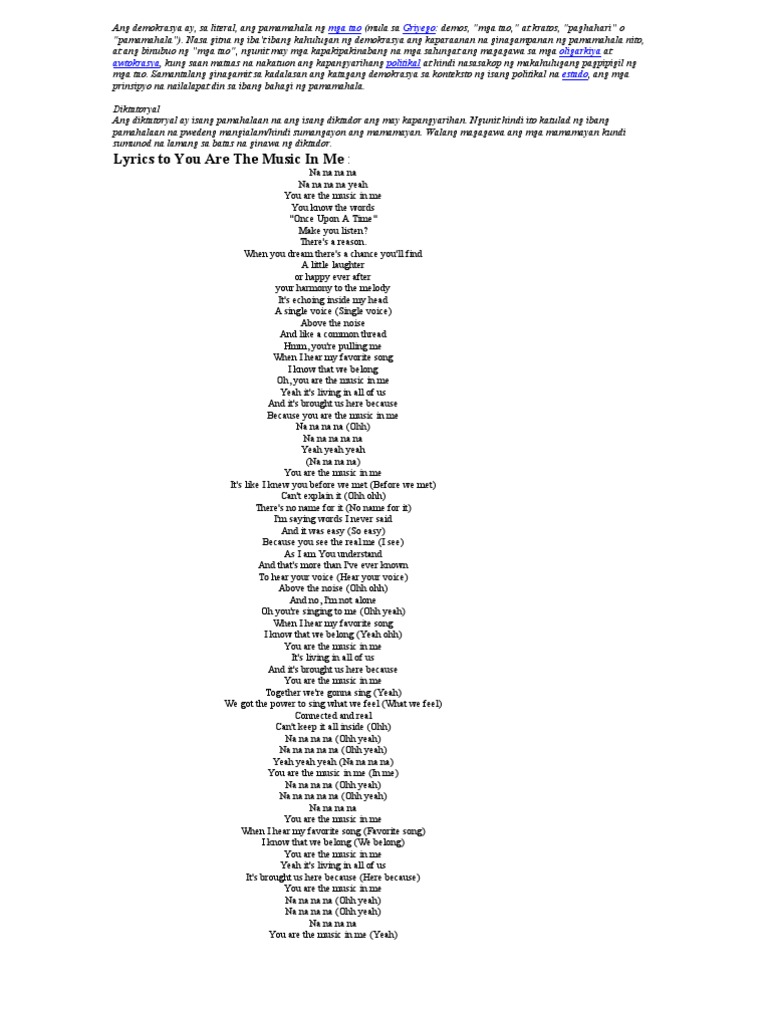 Lyrics To You Are The Music in Me:: Mga Tao Griyego Oligarkiya ...