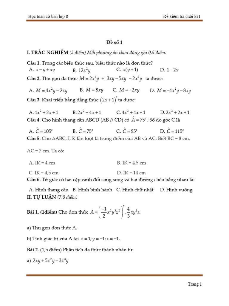 ĐỀ THI CUỐI HK 1 TOÁN 8 KNTT | PDF