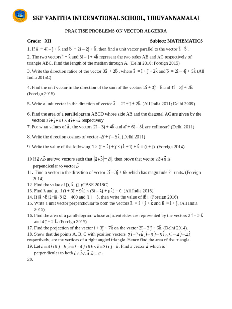 PRACTISE PROBLEMS ON VECTOR ALGEBRA | PDF | Euclidean Vector | Area