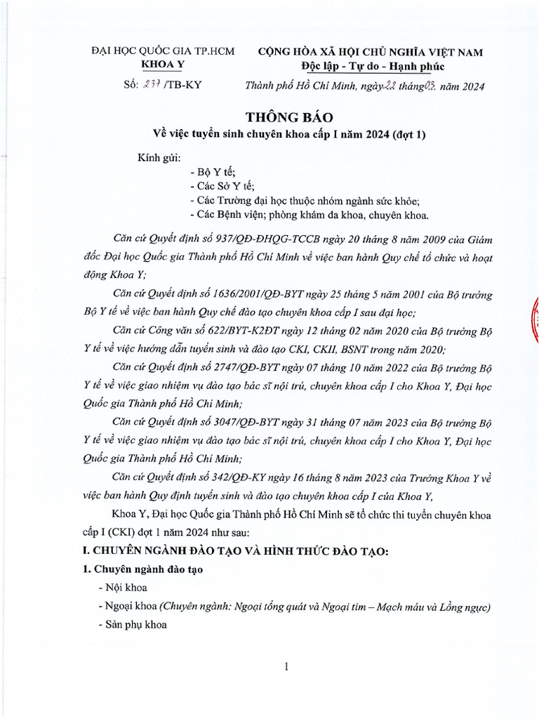 TB tuyển sinh CKI đợt 1 năm 2024 | PDF