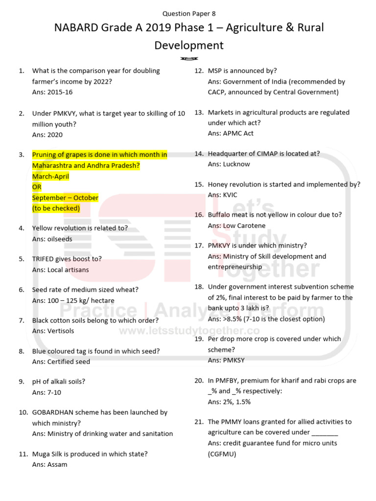 NABARD Grade A Phase 1 Question Paper 2019 (Agriculture & Rural ...