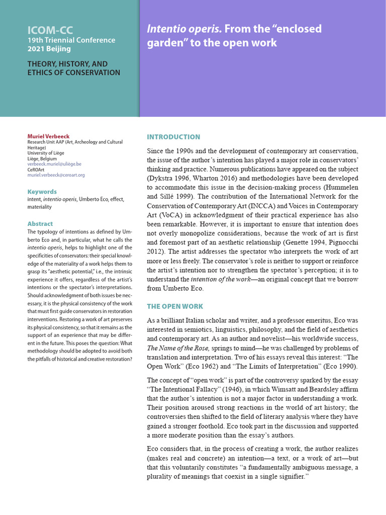 Intentio Operis in Art Conservation | PDF | Aesthetics | Experience