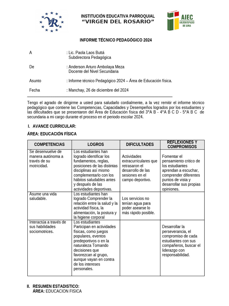 Anexo 2 - Informe Técnico Pedagógico 2024 Sec. | PDF | Pedagogía | Aprendizaje