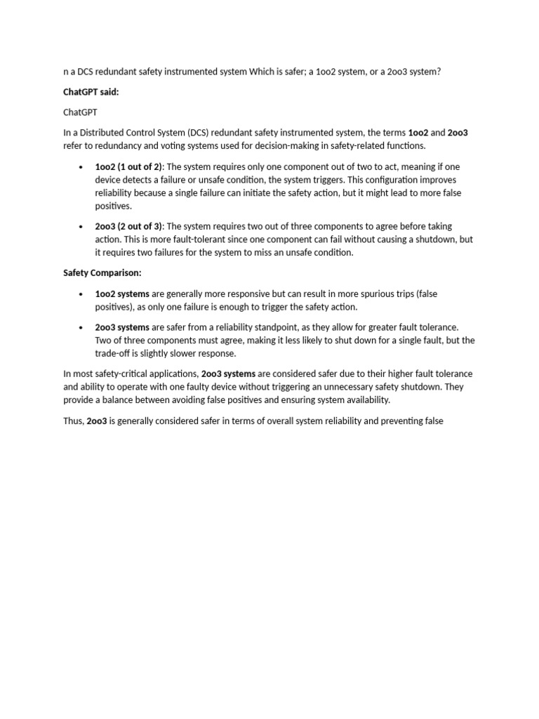 Safety System Comparison: 1oo2 vs 2oo3 | PDF