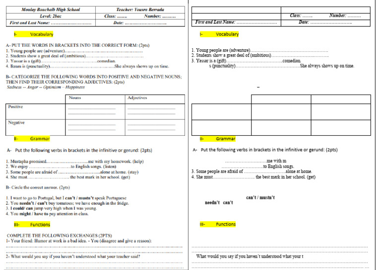 Vocabulary and Grammar Exercises for 2bac | PDF