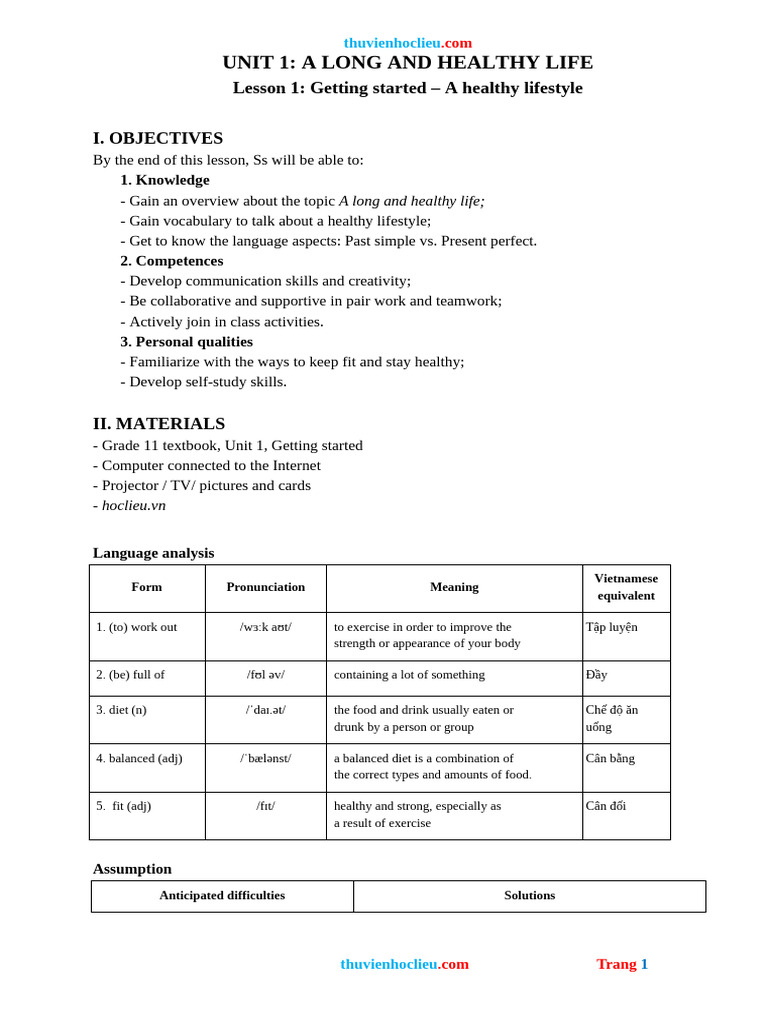 Healthy Lifestyle Lesson Plan | PDF | Vocabulary | Perfect (Grammar)