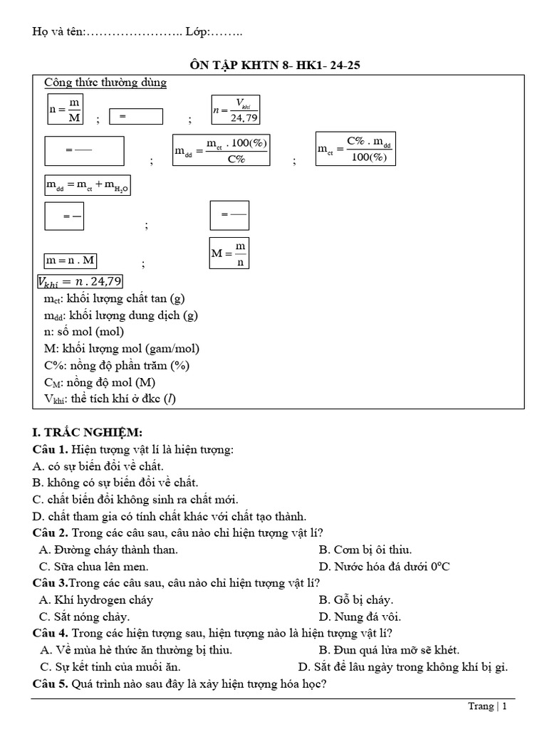 ĐỀ CƯƠNG ÔN TẬP HK1 KHTN 8 hs | PDF