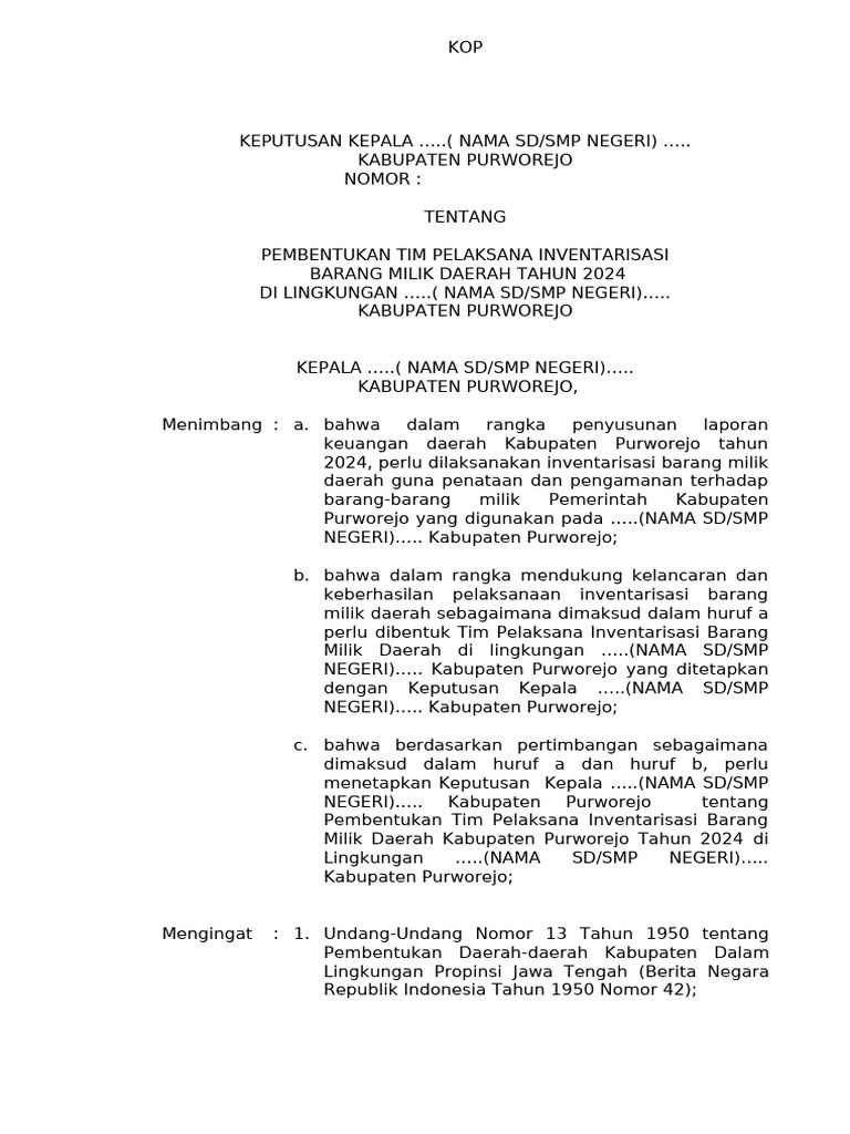 Format - SK Pembentukan Tim Pelaksana Inventarisasi BMD Tahun 2024 Di OPD | PDF
