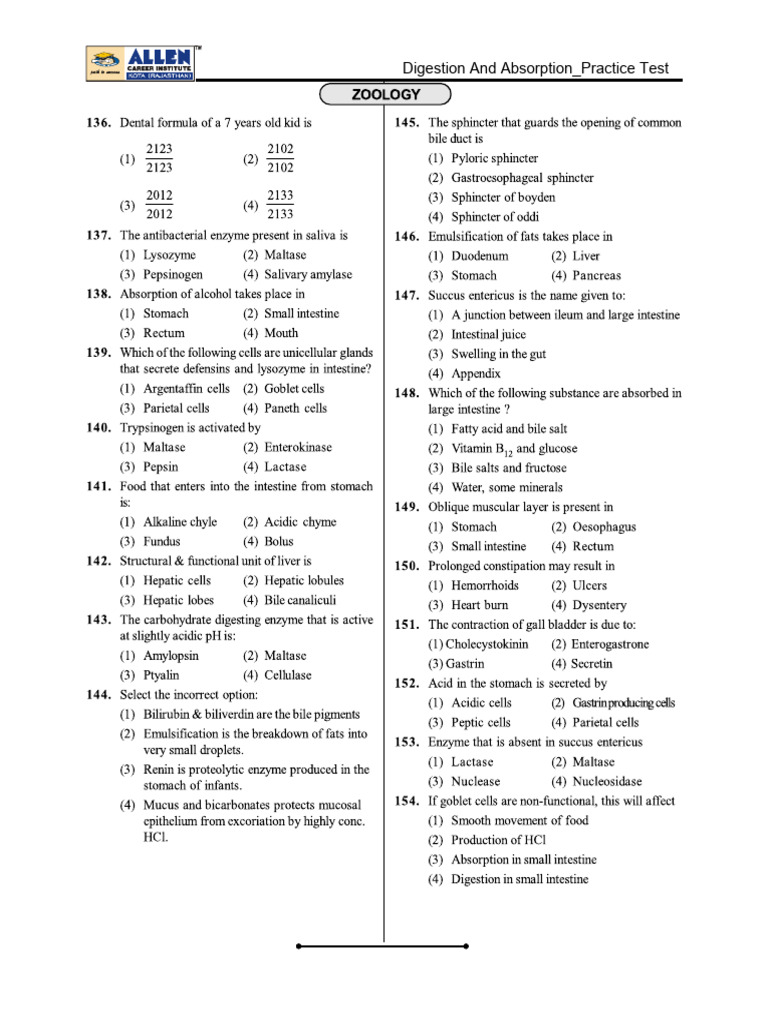 Digestion and Absorption (Complete) - Problems-1 | PDF