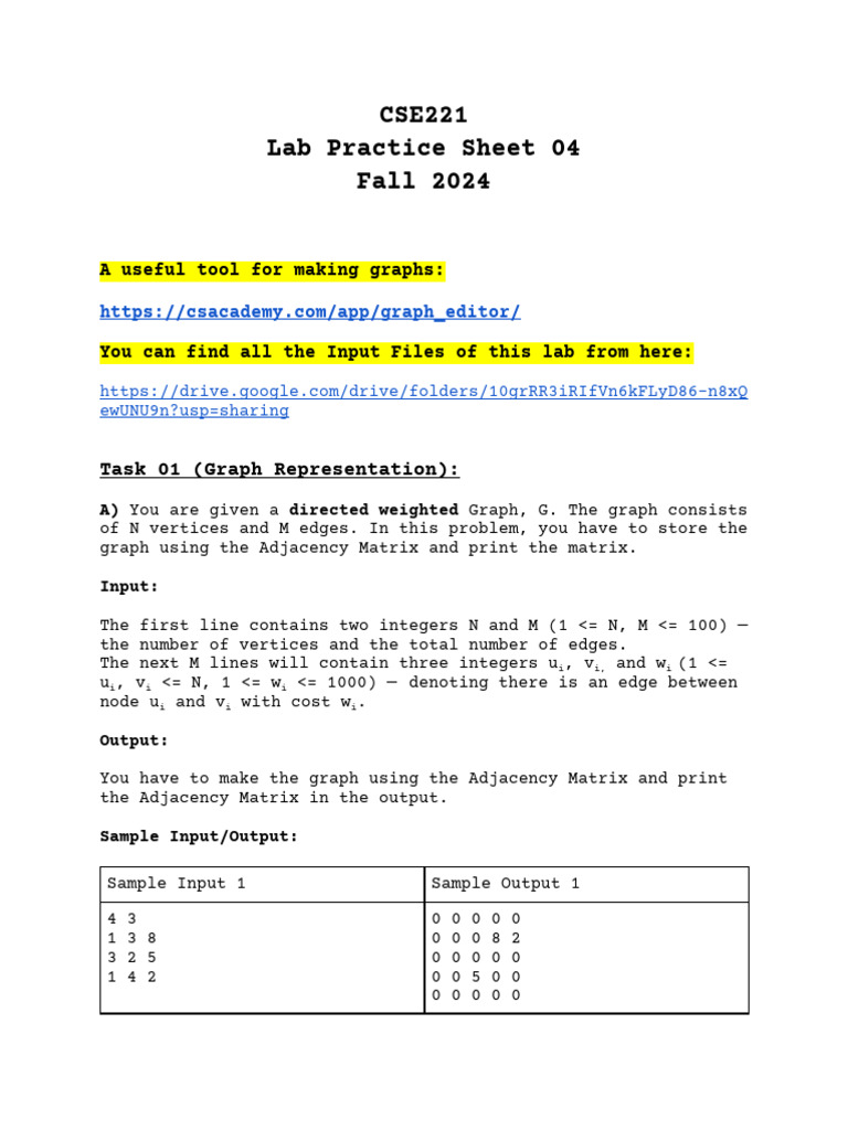 CSE221 - Lab 04 - Graph - Fall 2024 - Faculty V1 | PDF | Graph Theory | Mathematical Relations