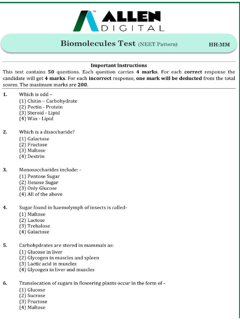 Biomolecules Test | PDF