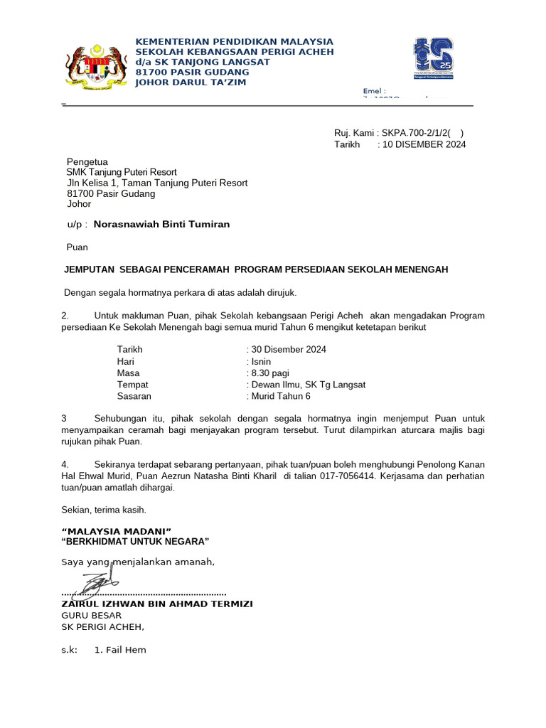 SURAT Penceramah Program Persediaan Sek Menengah TAHUN 6 2024 | PDF