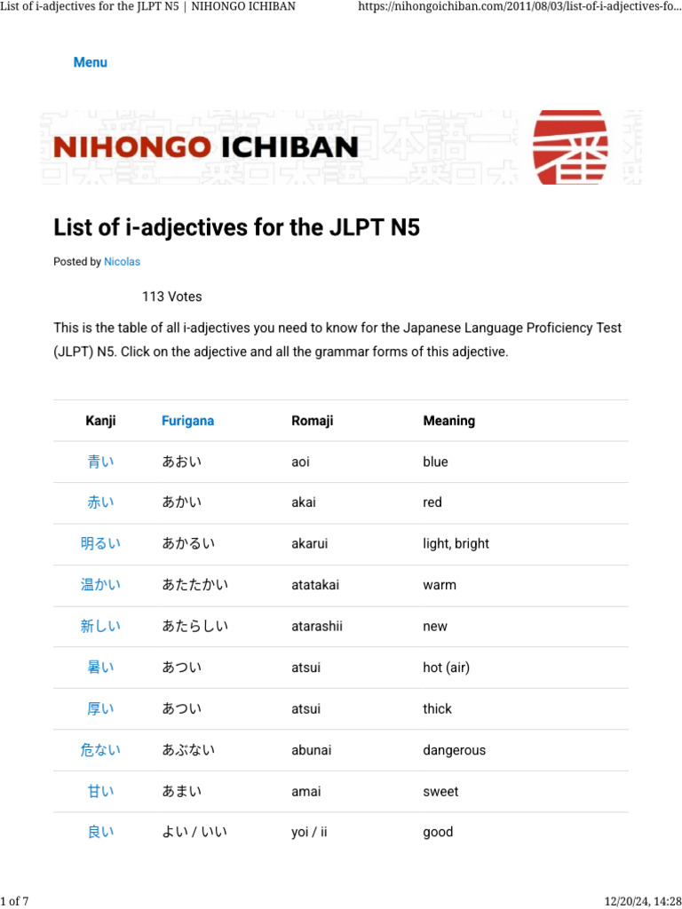 JLPT N5 I-Adjective List | PDF | Linguistics | Japan