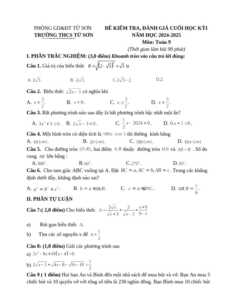 THCS T Sơn - KTCK1 Toán 9 24-25 | PDF