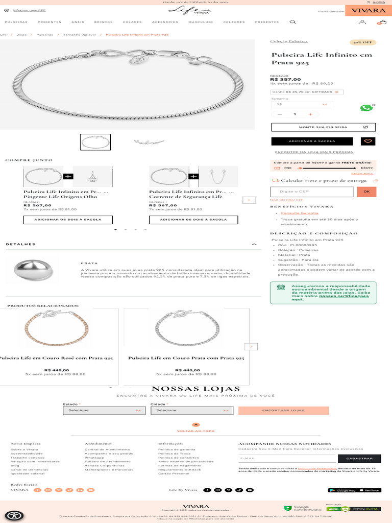 Pulseira Life Infinito em Prata 925 | PDF