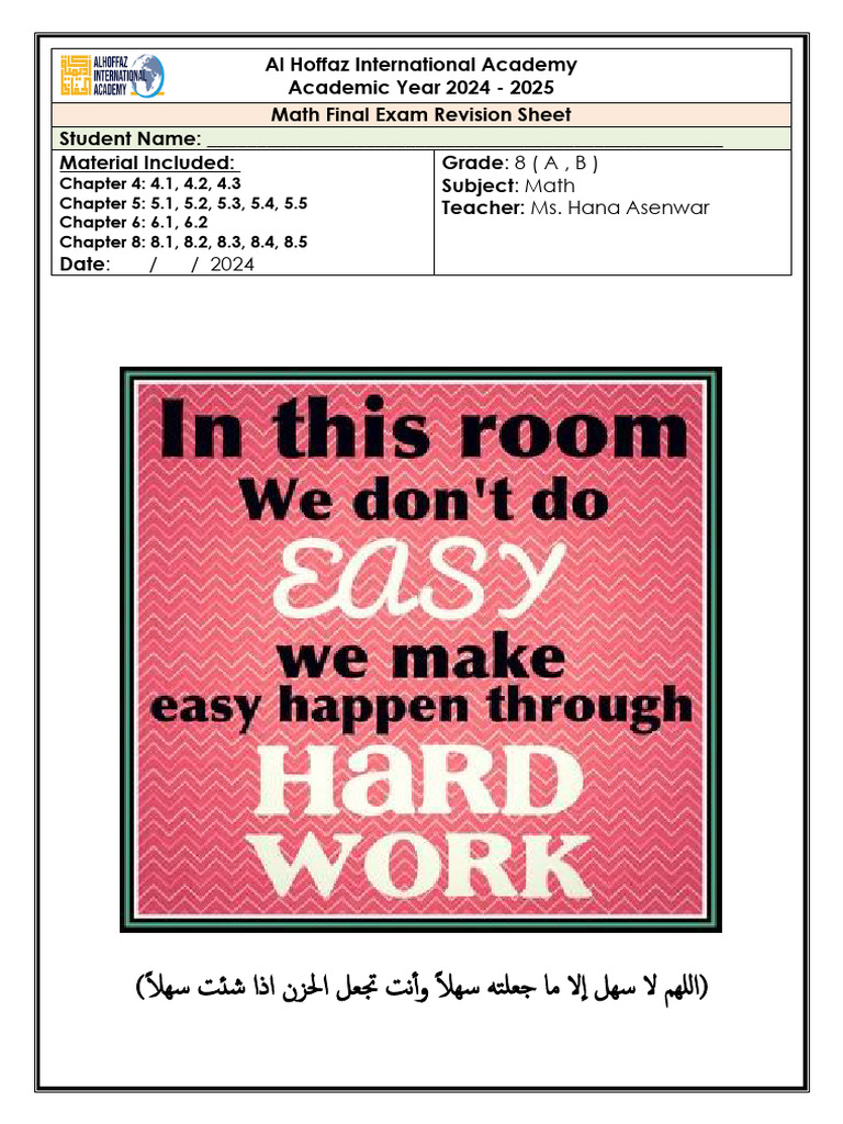 Grade 8 - Math - Final Exam - Revision Sheet | PDF | Equations ...