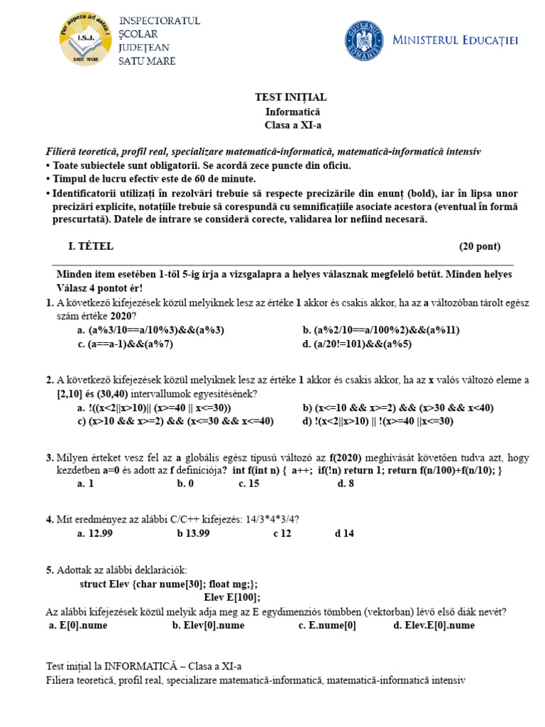 Test initial clasa a XI-a LMA | PDF