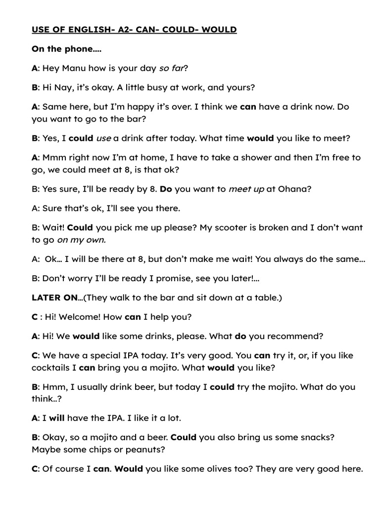 Use of English - A2 - Can - Could - Would | PDF