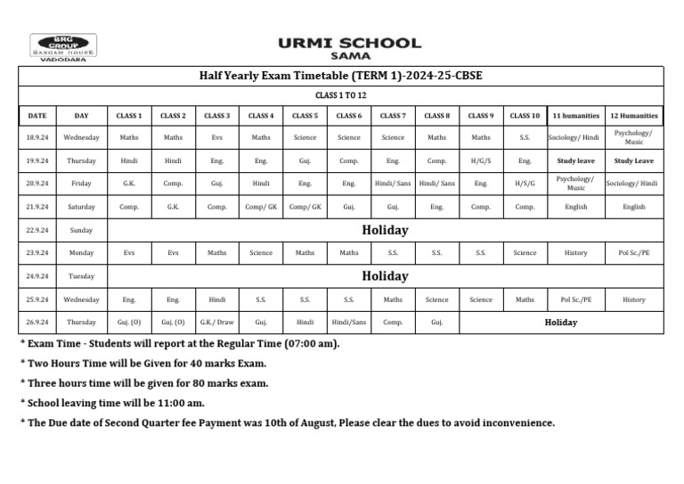 Half Yearly Exam (TERM 1) TIMETABLE CLASS 1 TO 12 - 2024-25 | PDF