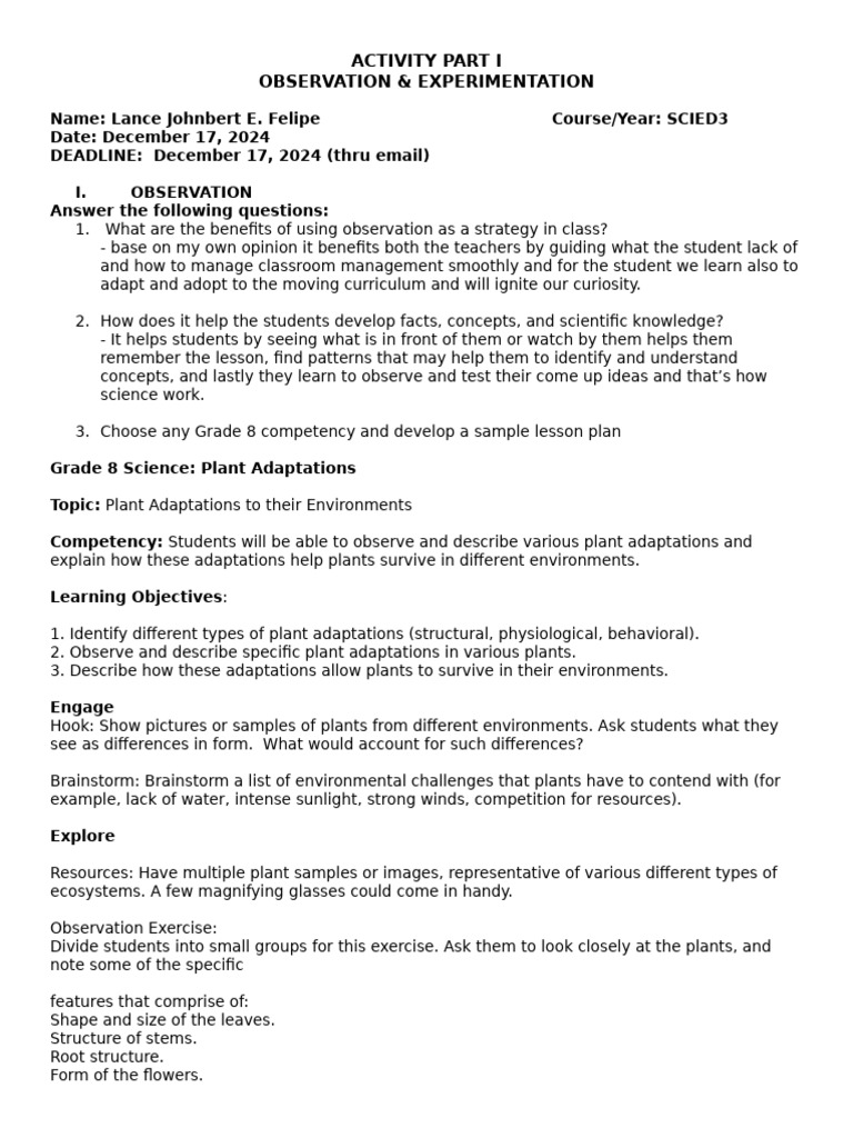 2 Activity Observation and Experimentation | PDF | Lesson Plan | Experiment