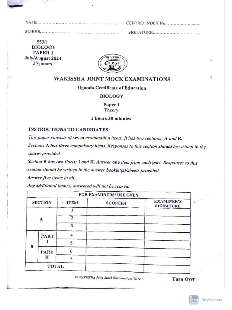 Wakissha Joint Mocks Examinations Uce 5531 Biology Past Paper 2024 | PDF