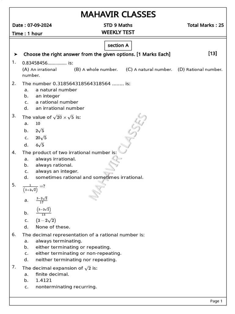 9th Maths chapter 1- 7sep 2024Test_Paper | PDF | Numbers | Rational Number