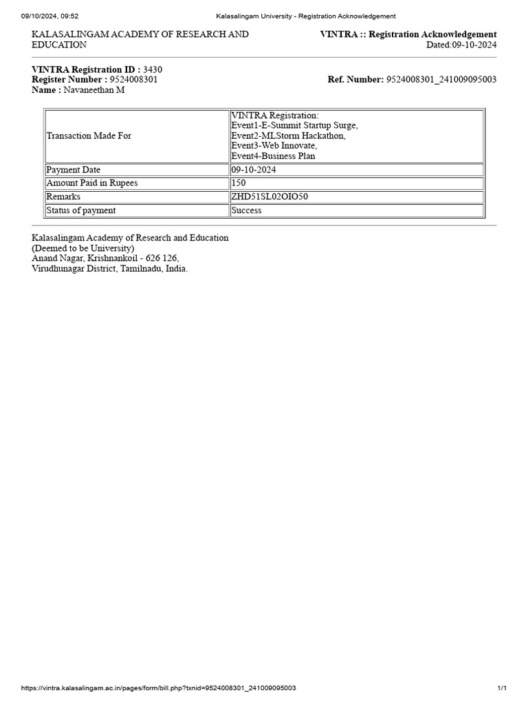 VINTRA Registration Acknowledgement | PDF