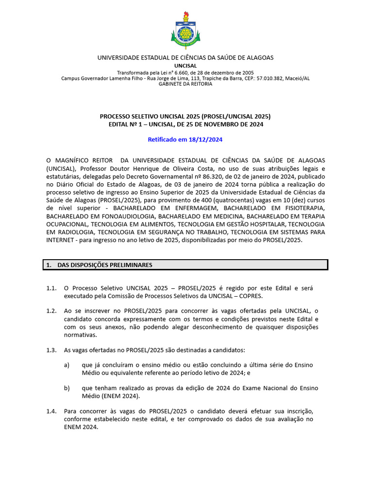 EDITAL PROSEL - UNCISAL 2025 Retificado em 18-12-2024 | PDF | Diploma ...