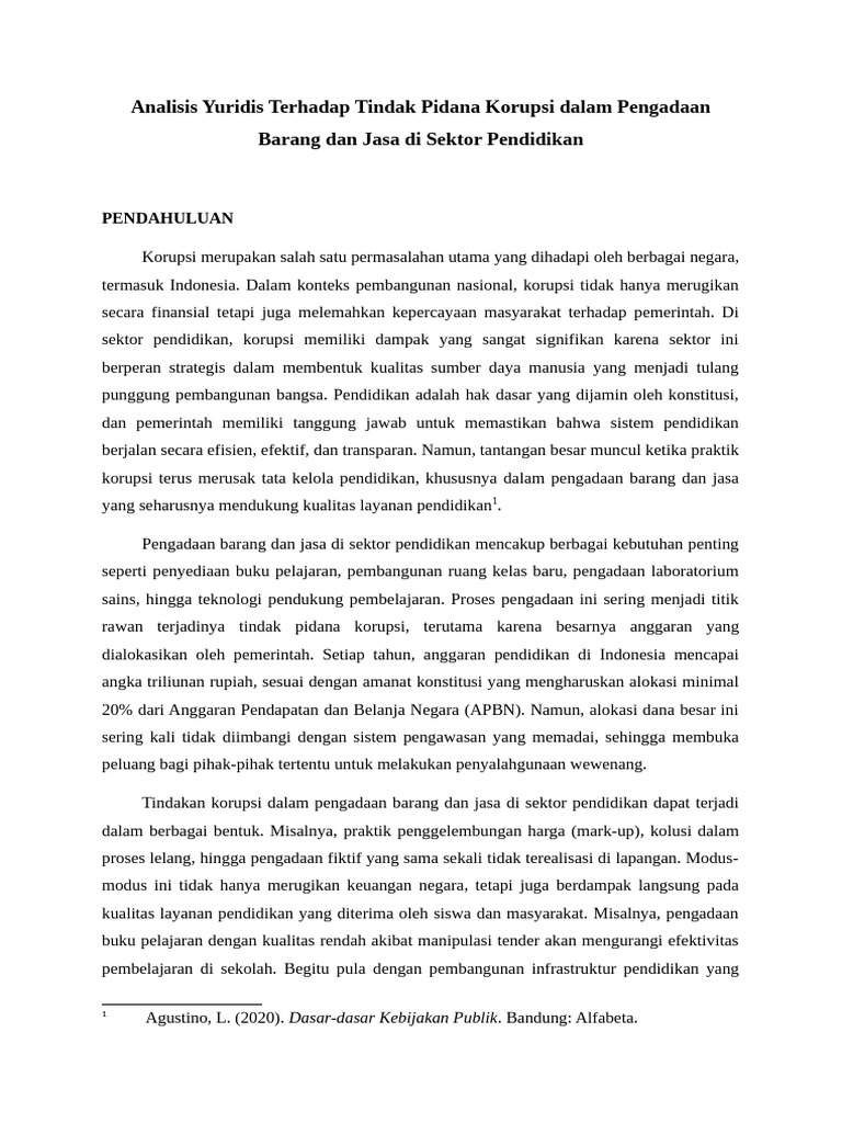Analisis Yuridis Terhadap Tindak Pidana Korupsi Dalam Pengadaan Barang Dan Jasa Di Sektor ...