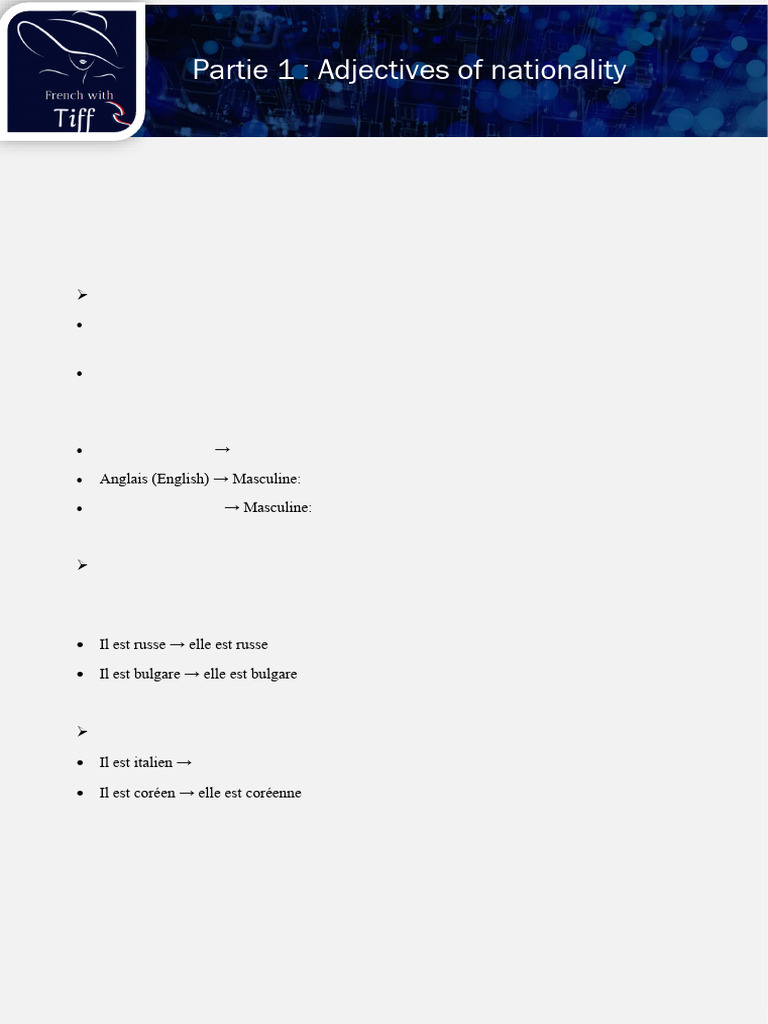 Partie 1 Adjectives of Nationalities | PDF | Linguistique | Langues