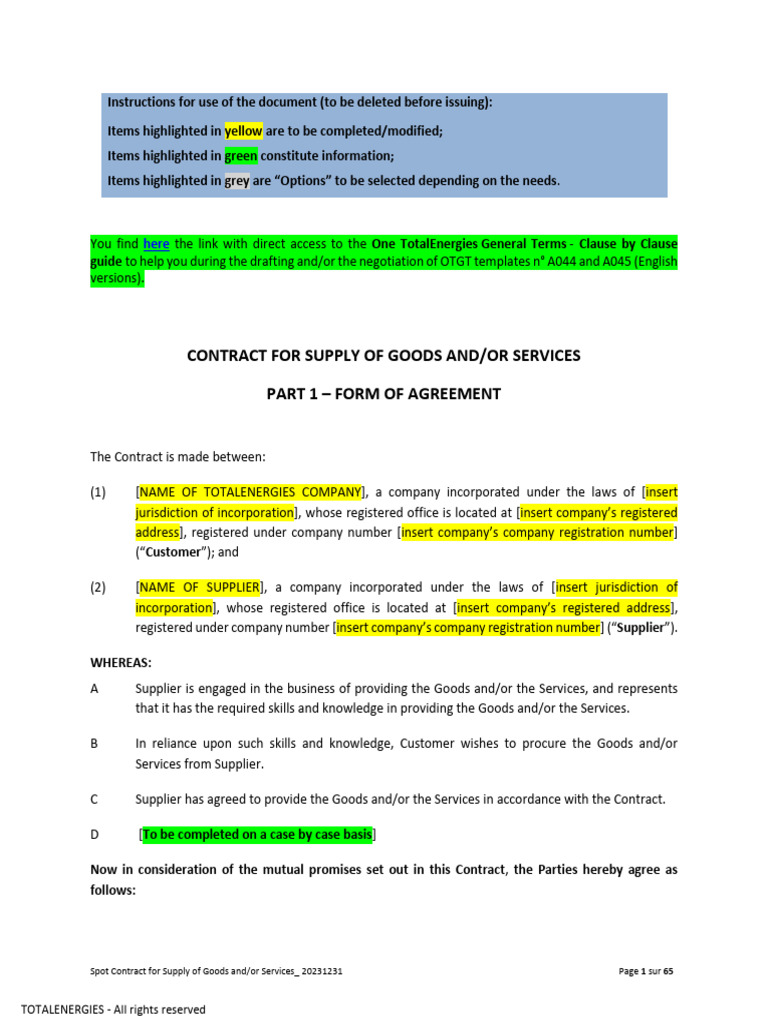 Totalenergies - Spot Contract For Supply of Goods and or Services Otgts ...