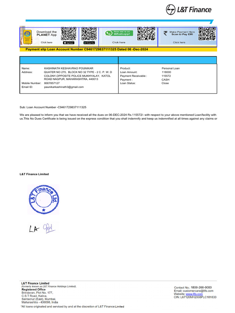 L&T Finance Limited Payment Slip | PDF | Cheque