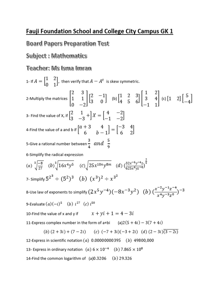 Section 1 Short Test Math Class 9th 919131 | PDF | Logarithm | Complex ...