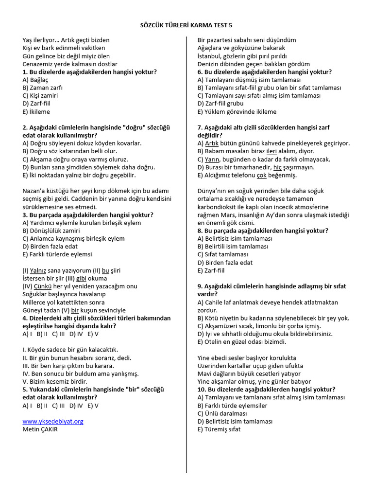 Sozcuk Turleri Karma Test 5 | PDF