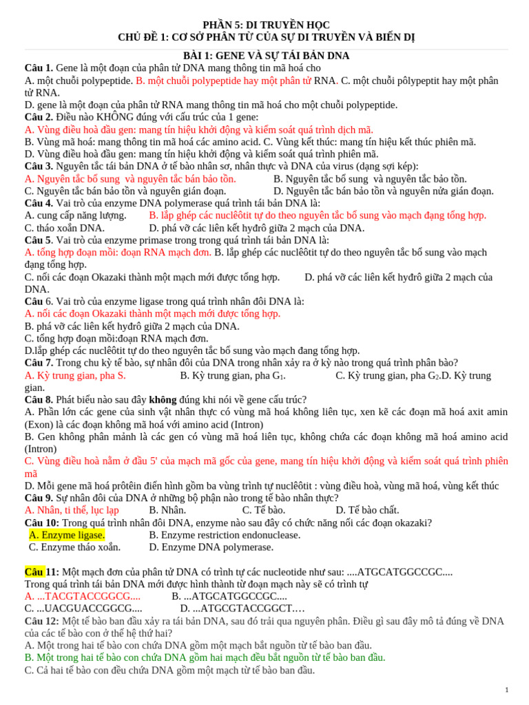 Đề Cượng Trắc Nghiệm Sinh 12, CK1 | PDF