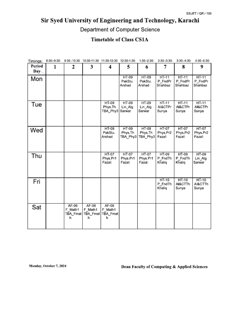 Cs Timetable 1st Semester | PDF