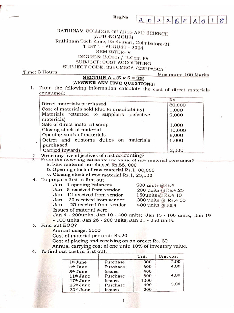 Cost Accounting Model 1 QN Paper | PDF