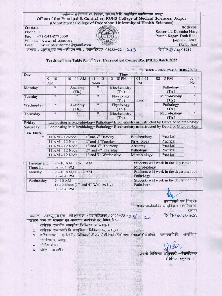 Class Schedule Time Table B.SC MLT Bopht BRT Part - I Batch 2022 | PDF